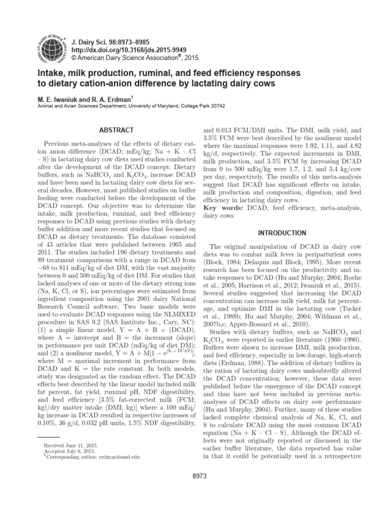 Ntake, Milk Production, Ruminal, and Feed Efficiency Responses | PDF | Regression Analysis ...