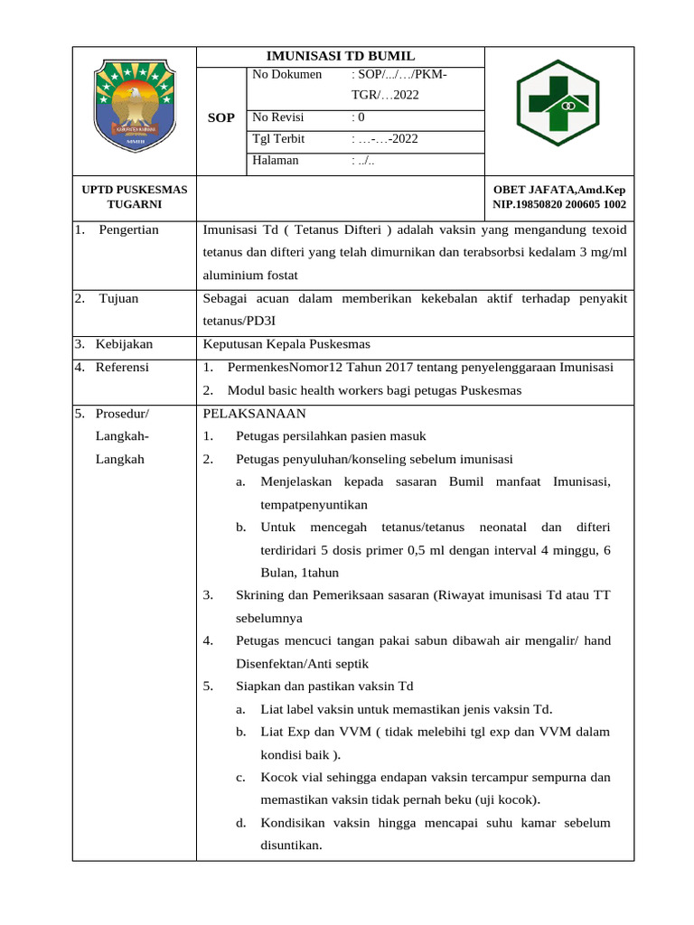 Sop Imunisasi TD Bumil | PDF