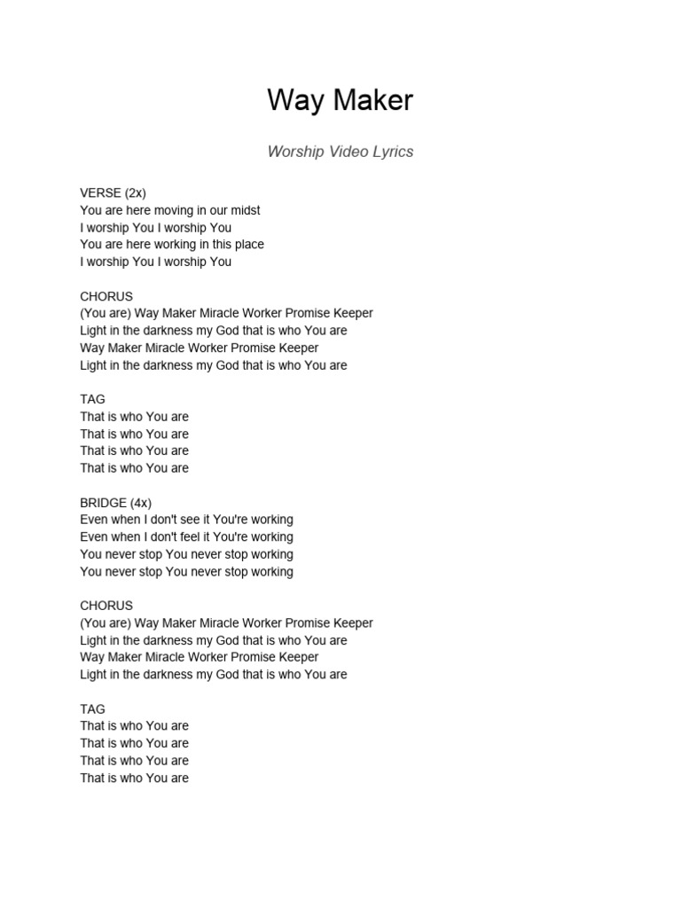 Way Maker Worship Lyrics PDF | PDF