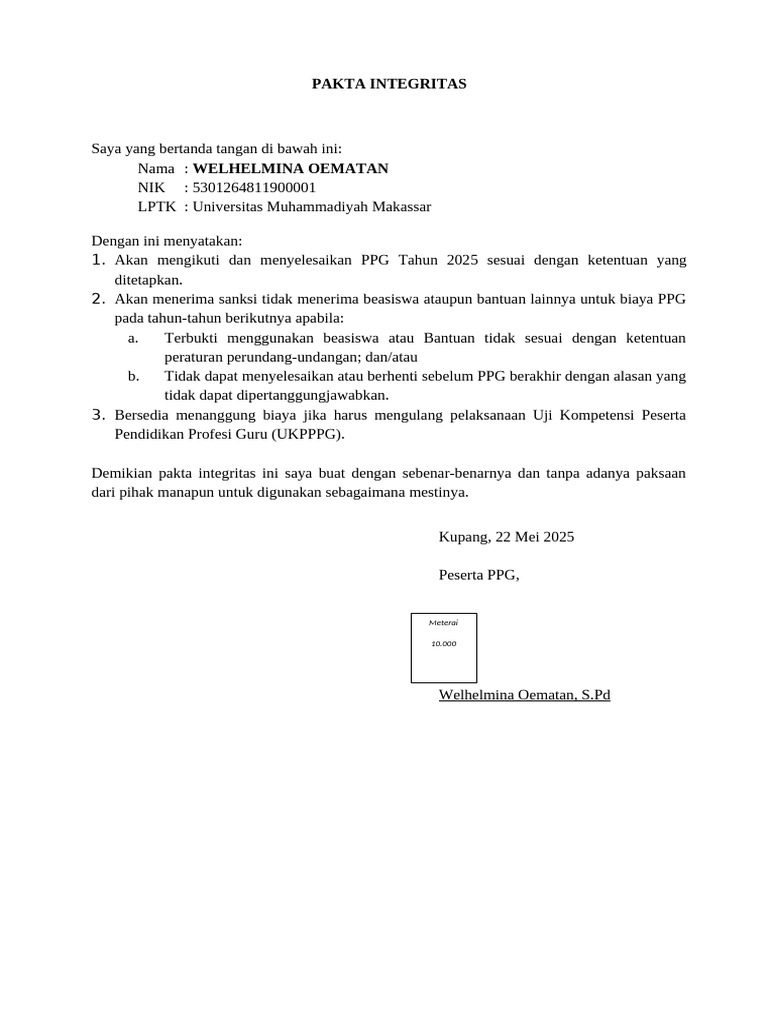 Pakta Integritas PPG Daljab 2025 Print | PDF