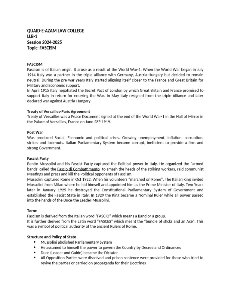 Fascism Notes | PDF | Fascism | Benito Mussolini