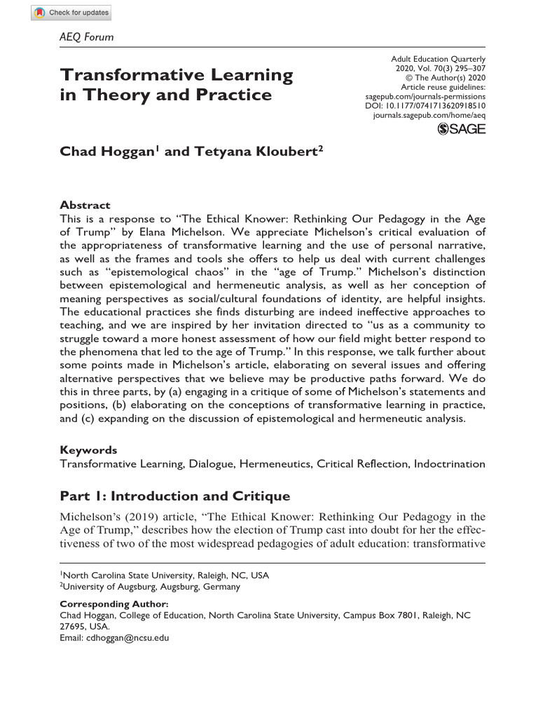 Hoggan Kloubert 2020 Transformative Learning in Theory and Practice | PDF | Epistemology | Cognition