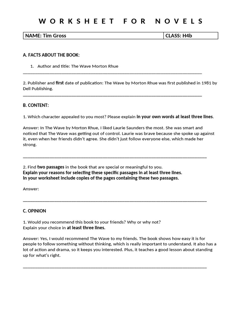 Worksheet Novel | PDF