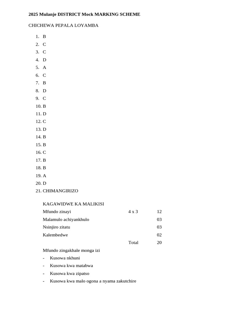 2025 Jce Chiichewa Paper 1 Marking Scheme Mulanje Mock 2025 Jce Marking ...