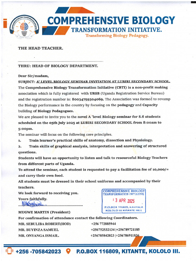 A' Level Biology Seminar Invitation at Lubiri Secondary School. | PDF