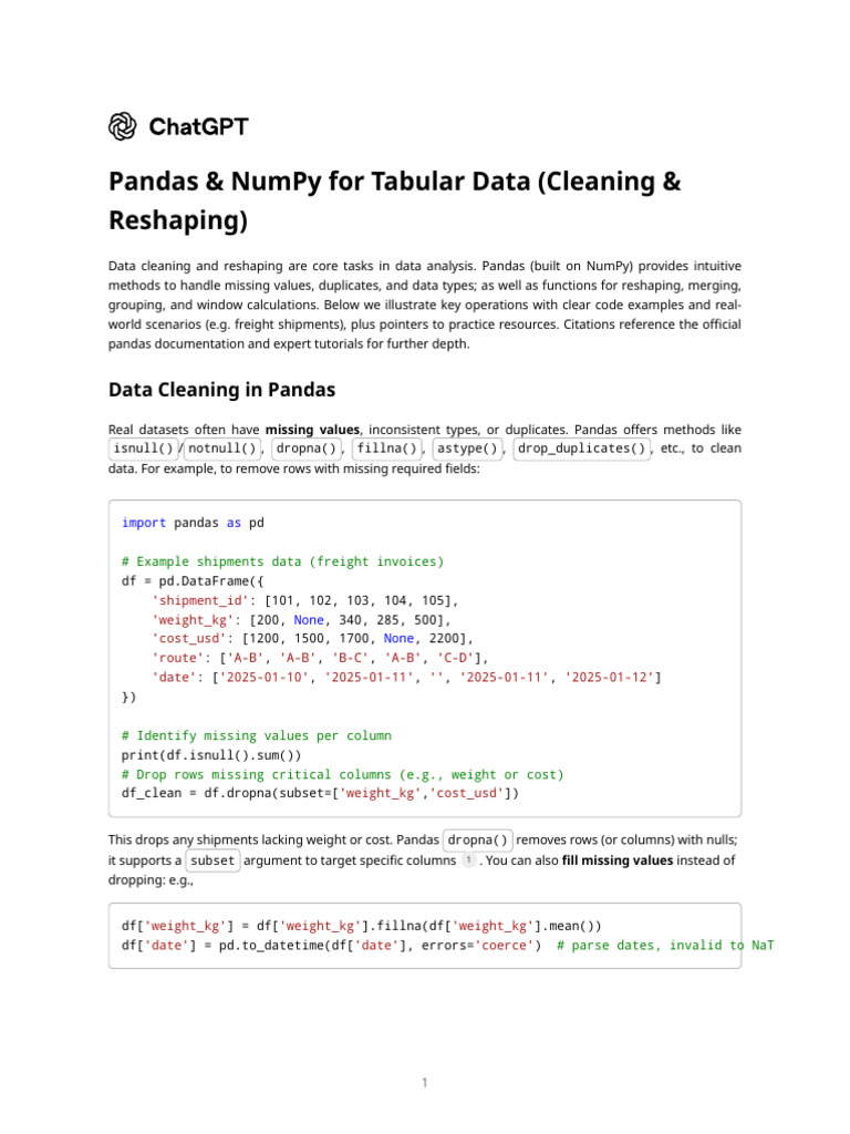 Pandas & NumPy For Tabular Data (Cleaning & Reshaping) | PDF | Moving Average | Computer Programming