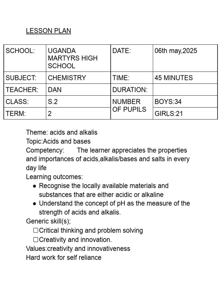 Chemistry Lesson Plan: Acids & Bases | PDF