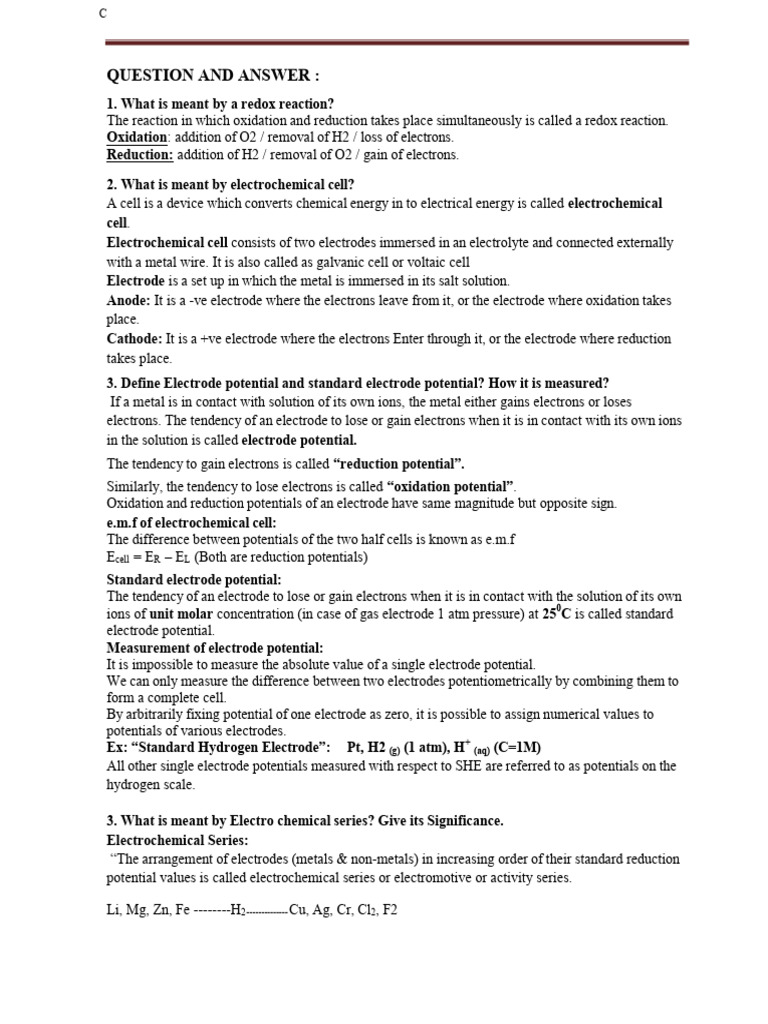 Electrochemistry Question Answer | PDF | Electrochemistry | Redox