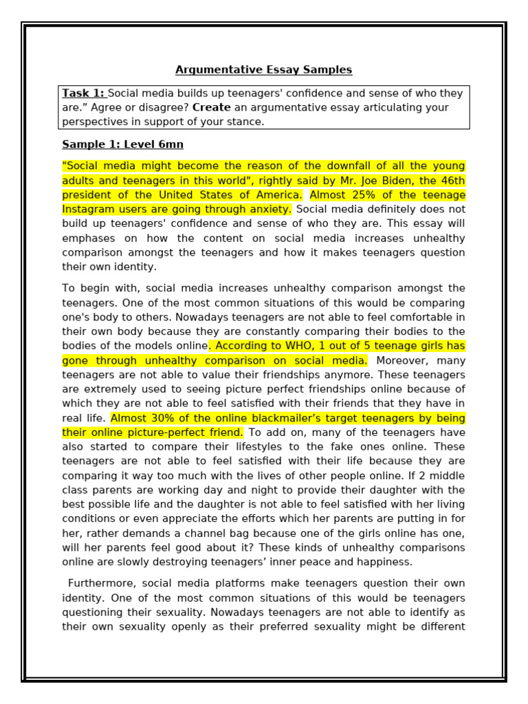 Argumentative Essay Writing Samples | PDF | Adolescence | Identity ...
