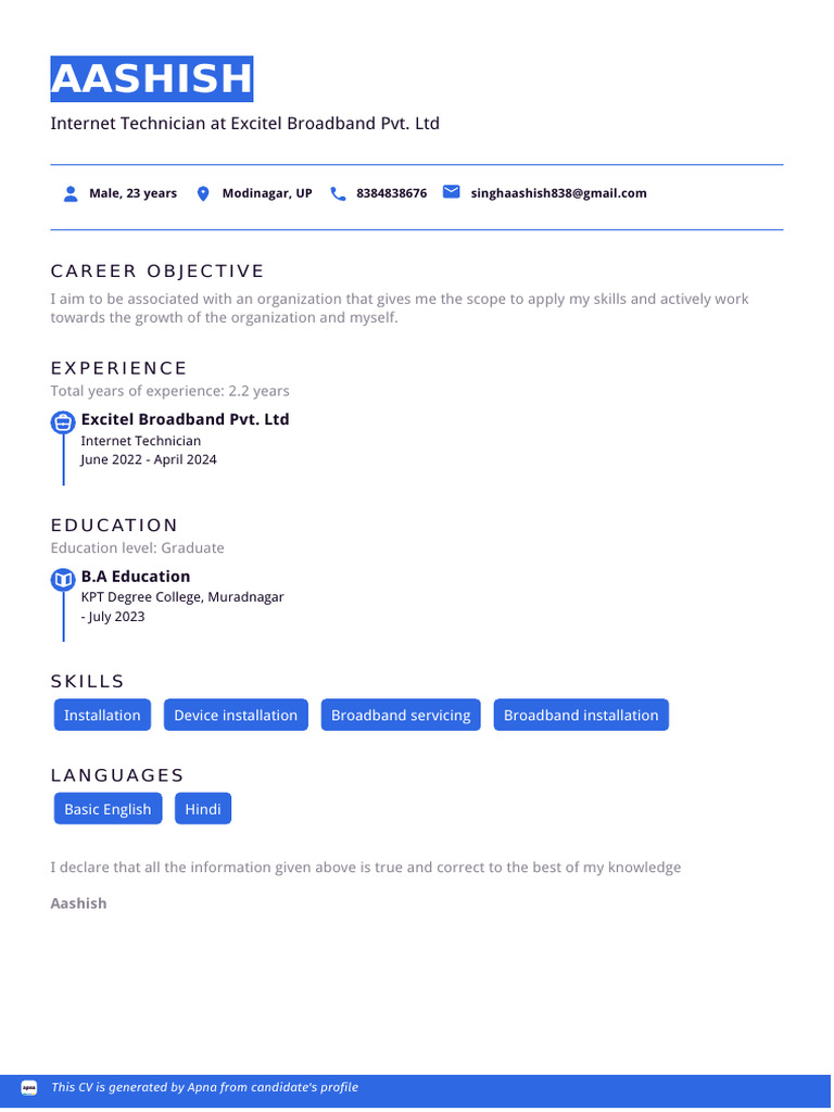 Internet Technician CV - Aashish | PDF