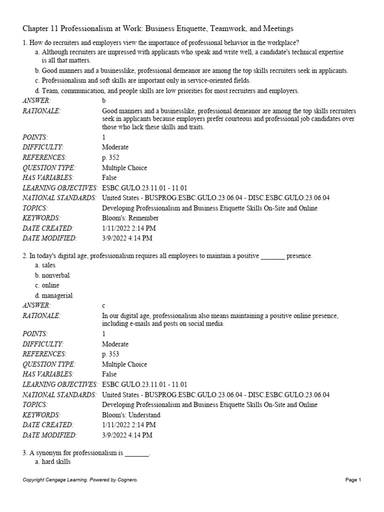 Chapter 11 Professionalism at Work Business Etiquette Teamwork and Meetings | PDF | Voicemail ...