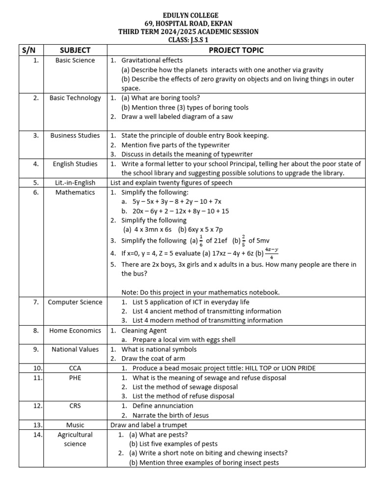 JSS Projects for Third Term 2024/2025 | PDF | Gravity