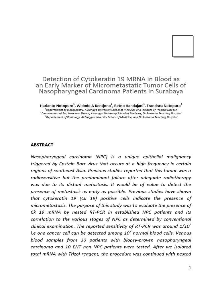 Detection of Cytokeratin 19 MRNA in Blood | PDF | Cancer | Diseases And ...