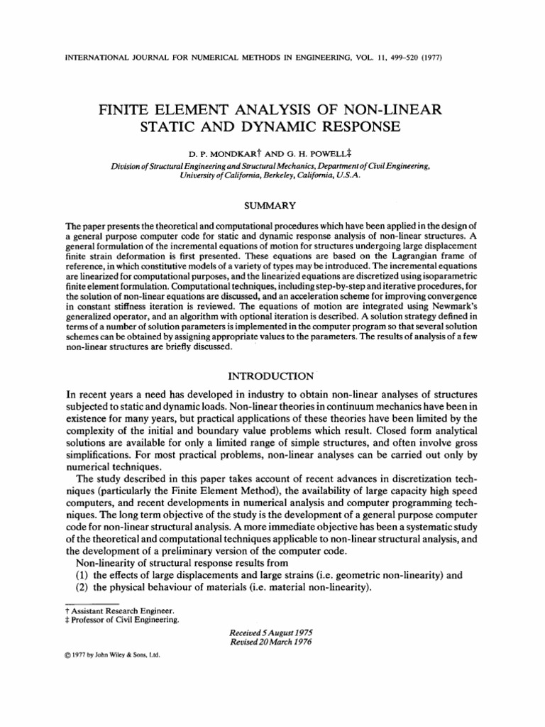Finite Element Analysis of Non-Linear Static and Dynamic Response | PDF | Continuum Mechanics ...