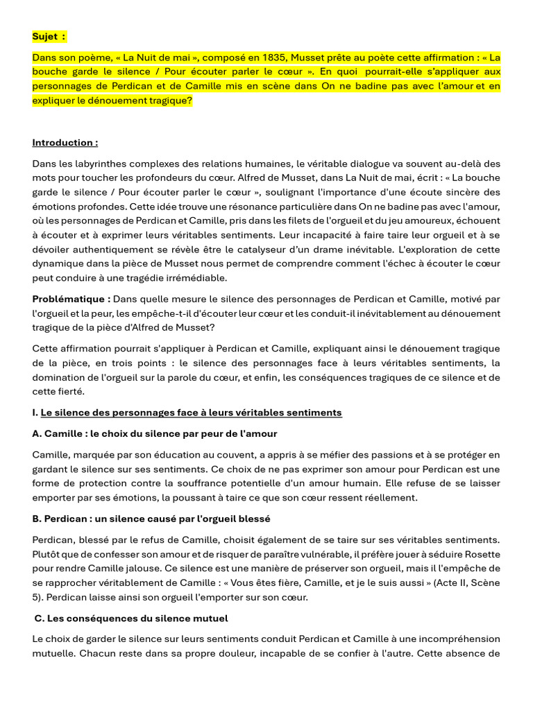 Plan Detaille Dissertation Musset n2 | PDF | Amour | Silence