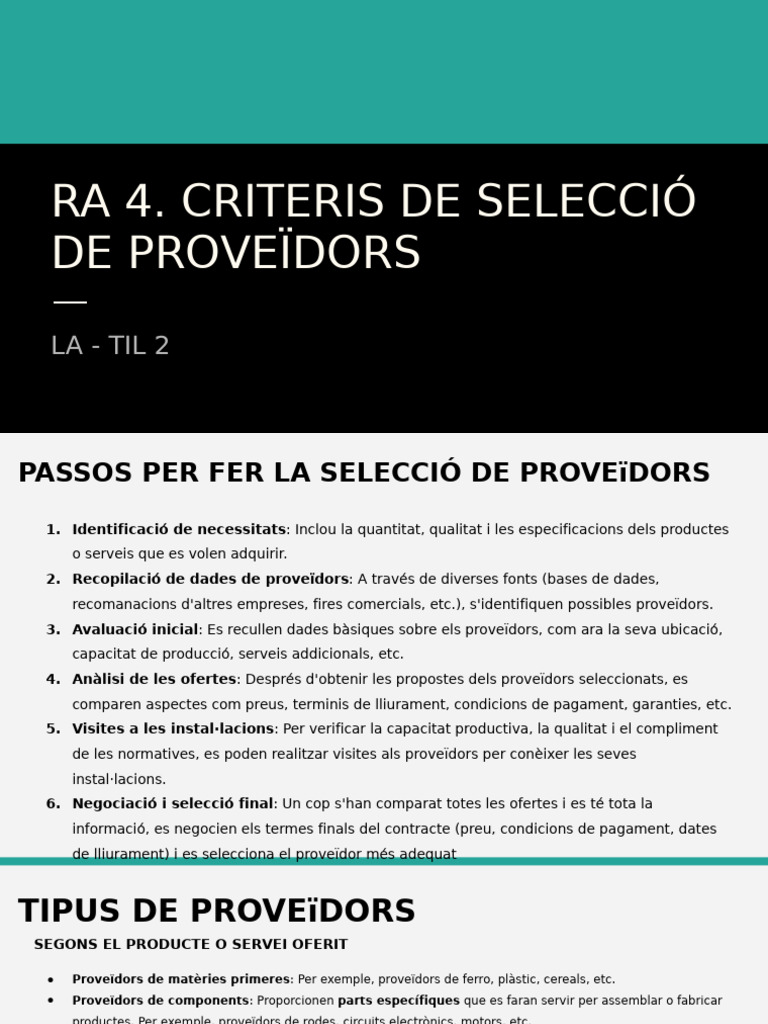 LA RA 4 Criteris de Selecció de Proveïdors | PDF