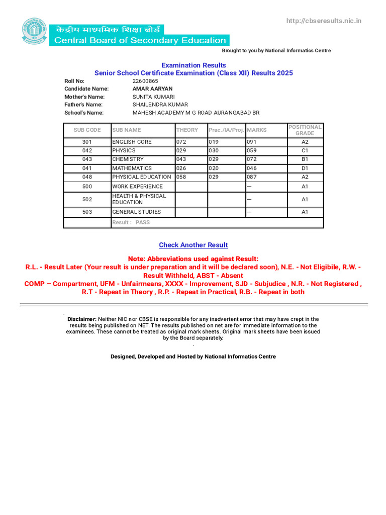 CBSE - Senior School Certificate Examination (Class XII) Results 2025 | PDF