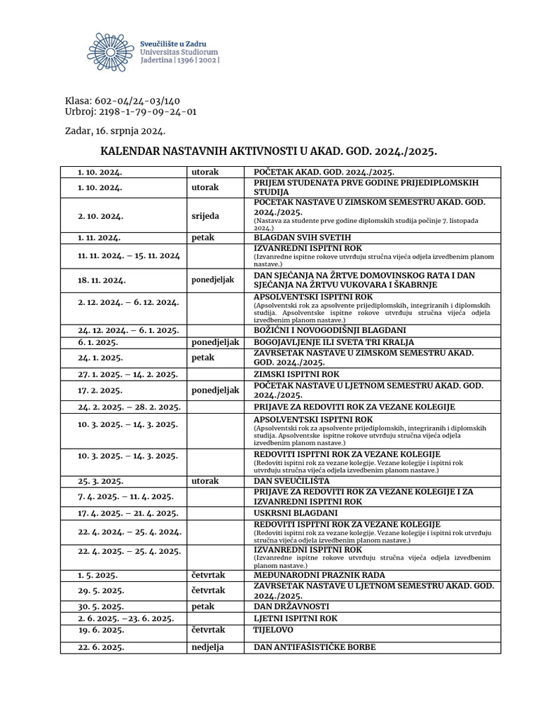 2024 25 Kalendar Nastavnih Aktivnosti | PDF