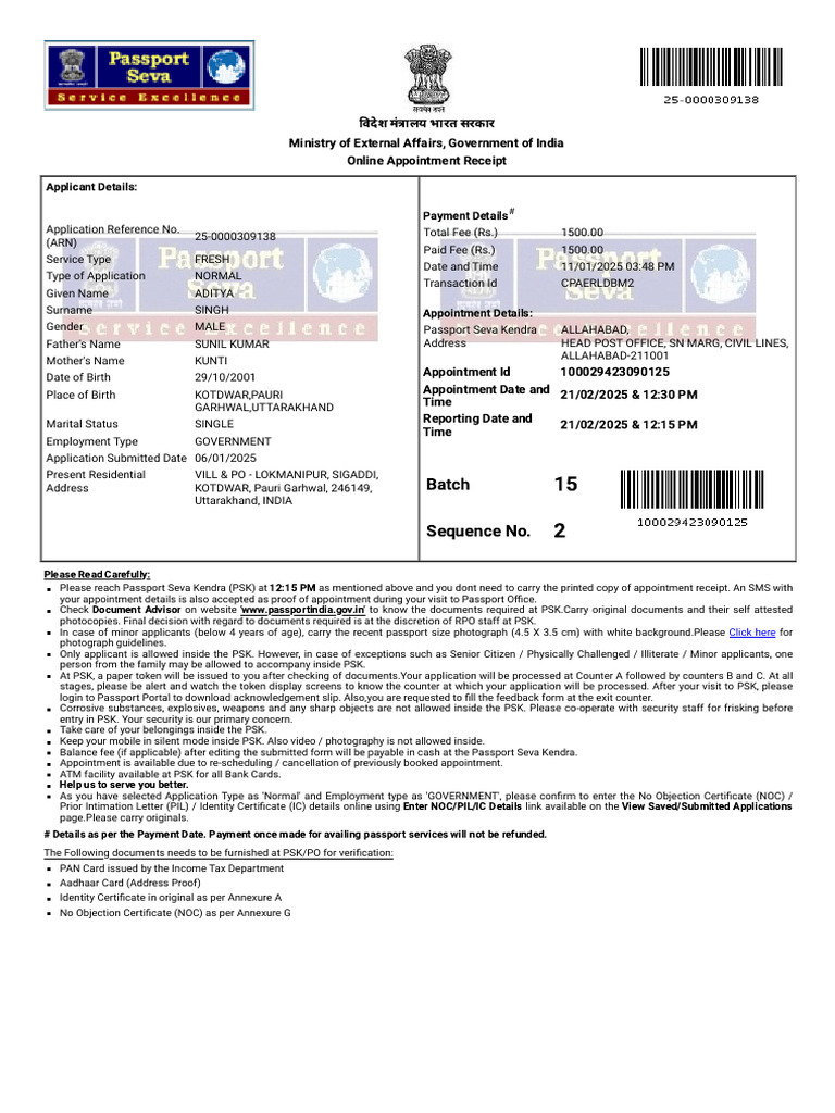 Appointment Receipt ADITYA Singh | PDF | Identity Document | Birth Certificate