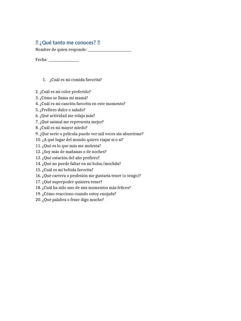 Test: ¿Qué tanto me conoces? | PDF