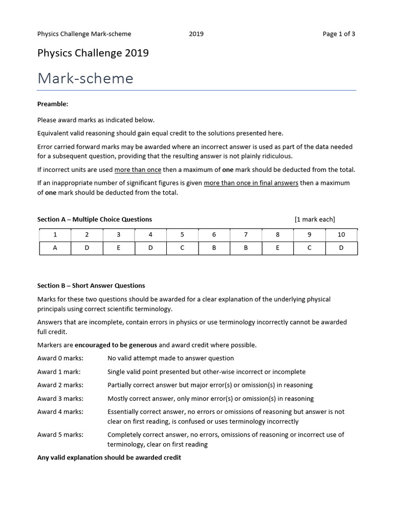 Physics Challenge MarkSch March 2019 | PDF | Force | Weight