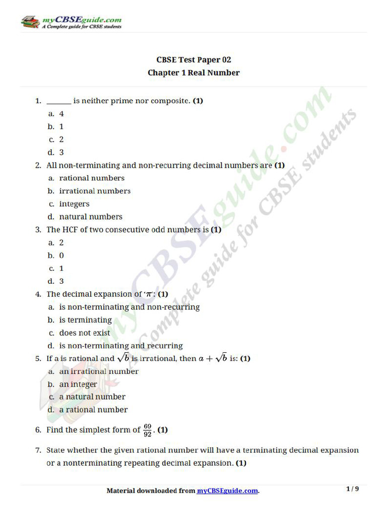 Class X Real Numbers UNIT Test May 2025 | PDF
