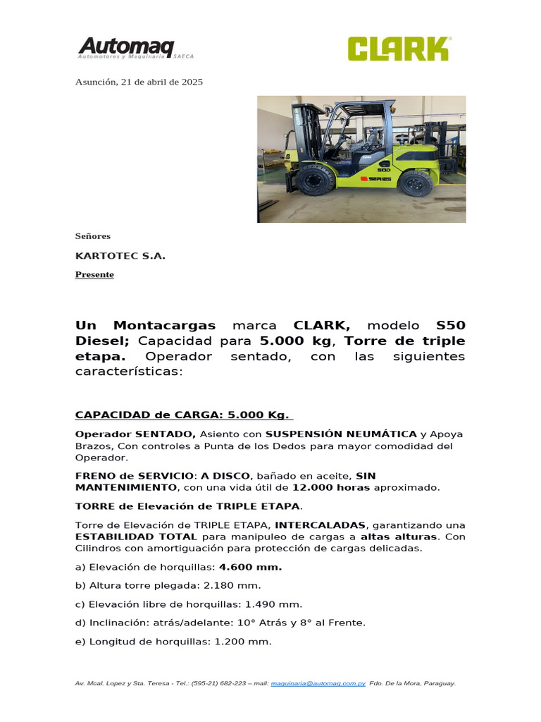 Montacargas Clark s50 Diesel - (5.000 KG) - Kartotec S.A. | PDF ...