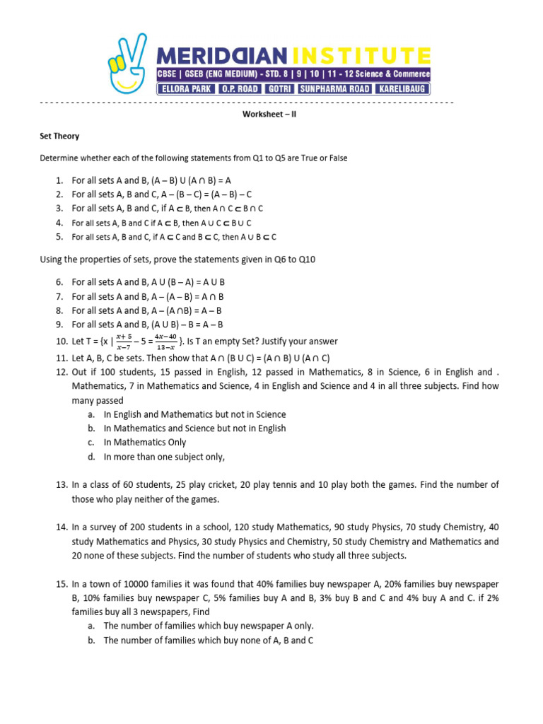 Set Theory Worksheet - II Sprint | PDF