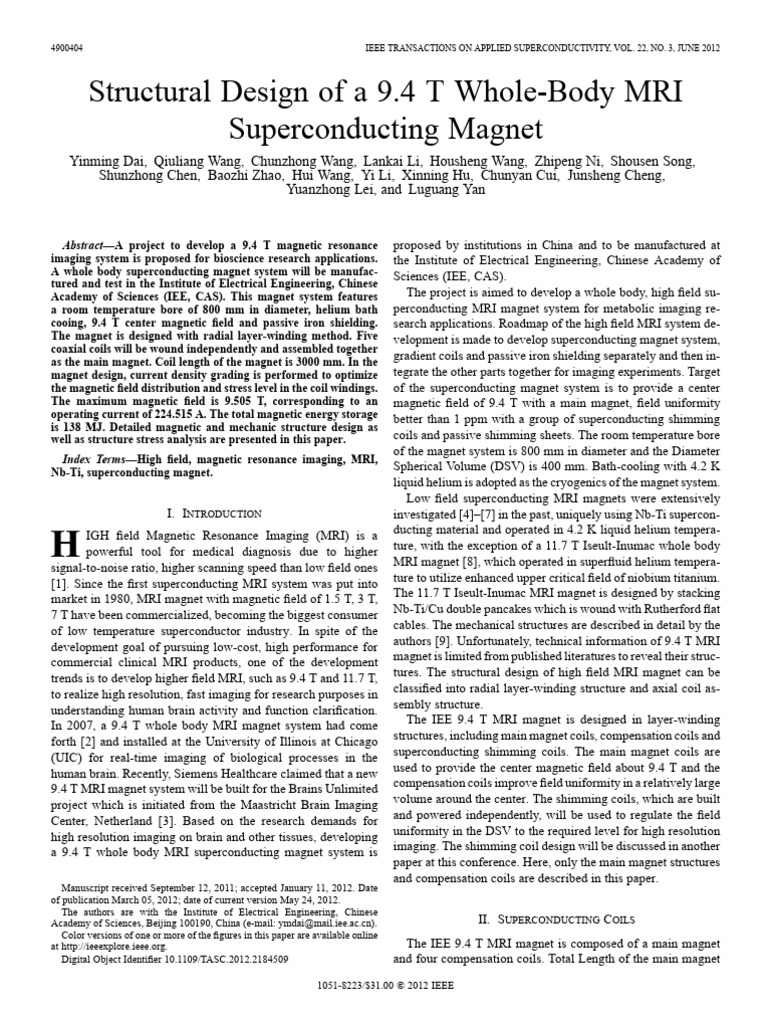 Dai Et Al. - 2012 - Structural Design of A 9.4 T Whole-Body MRI Superc | PDF | Superconductivity ...