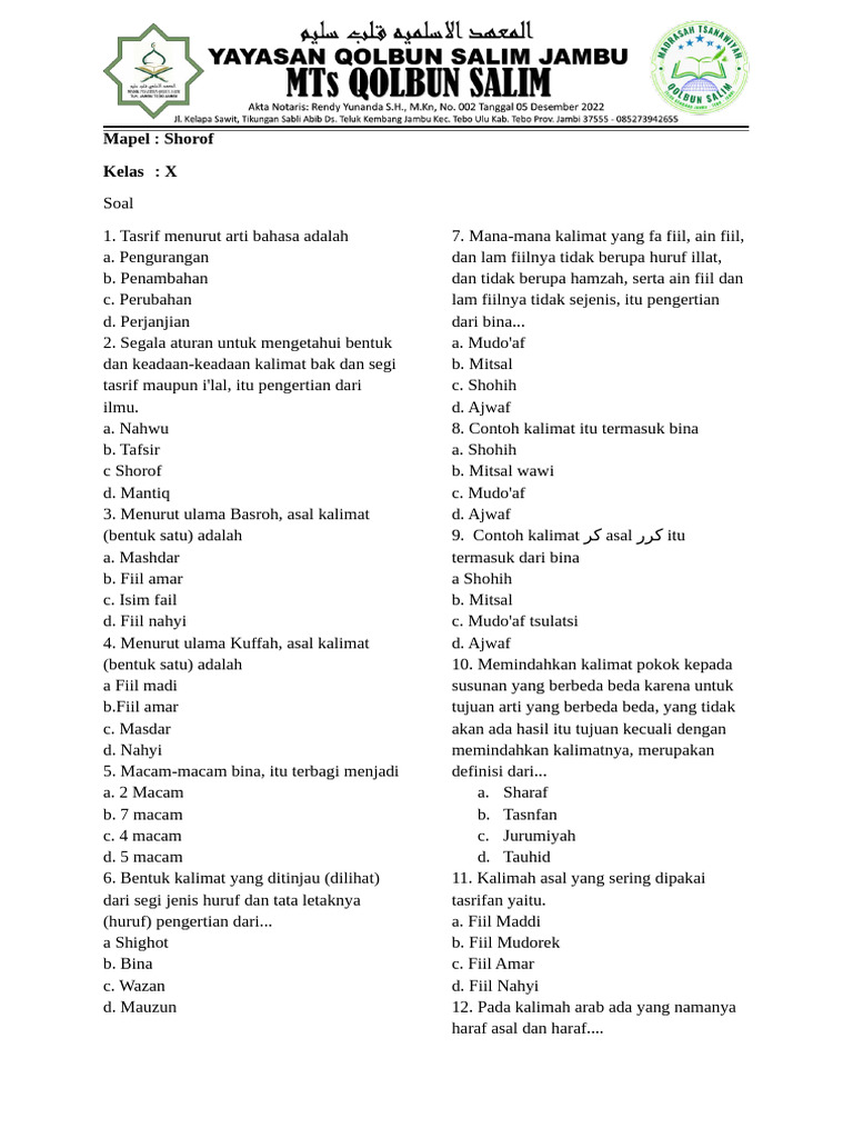 Soal Shorof PP Qolbun Salim | PDF