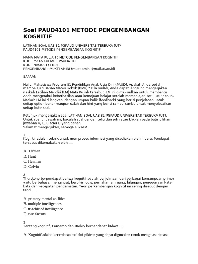 Soal PAUD4101 METODE PENGEMBANGAN KOGNITIF | PDF
