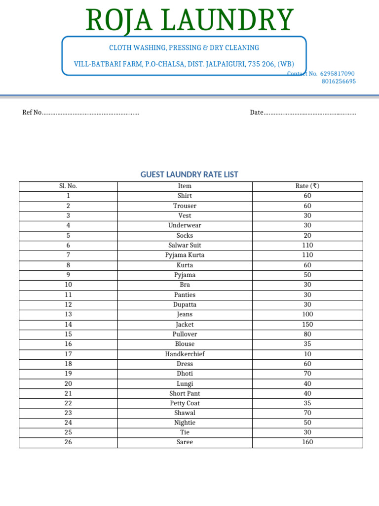 Guest Laundry Rate List | PDF | Clothing | Fashion