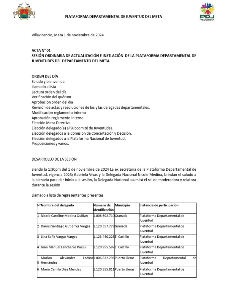 Acta 01 de Actualización e Instalación PDJ Meta. | PDF