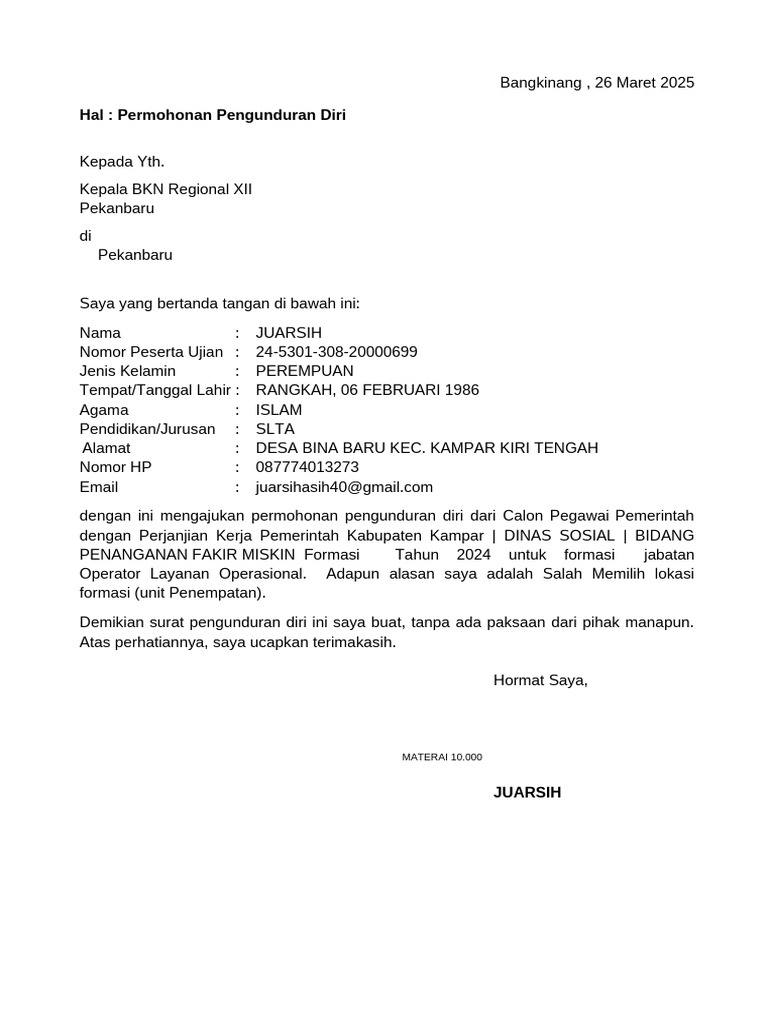 Surat Pengunduran Diri PPPK Guru | PDF