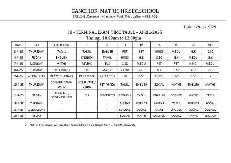 III - Terminal Exam Time Table LKG To Viii | PDF