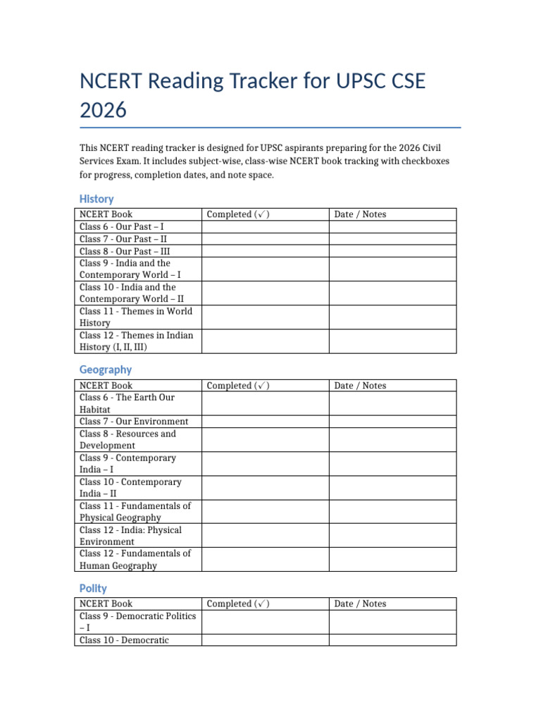 NCERT Reading Tracker UPSC 2026 | PDF