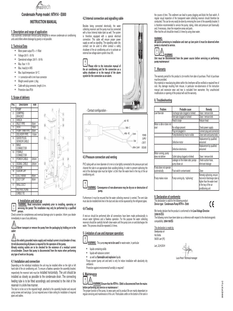 NTH14-E800 Condensate Pump Manual | PDF | Pump | Duct (Flow)