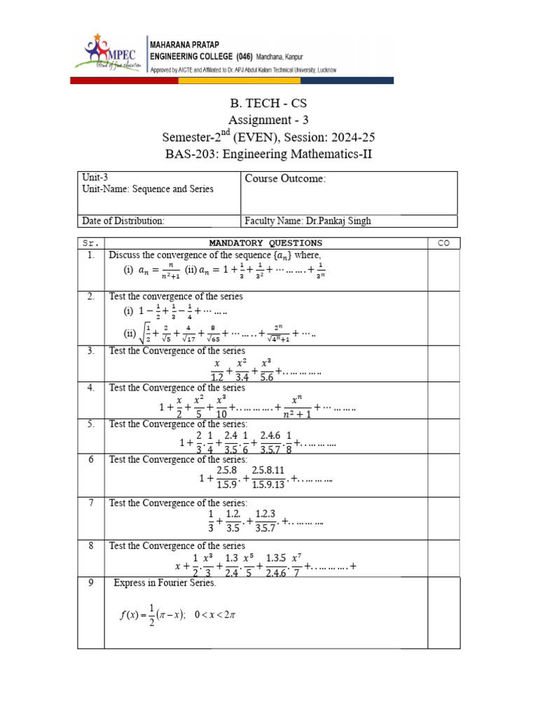 Assignment 3-BAS203 BAS203-2024-25 | PDF | Fourier Series | Calculus