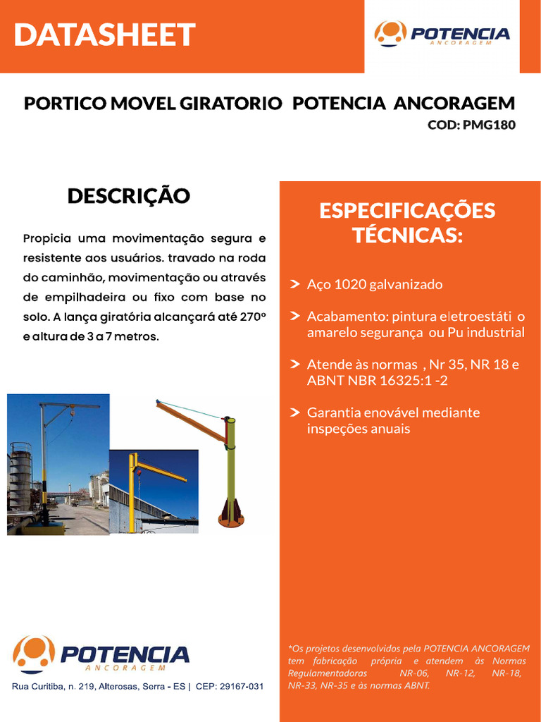 Datasheet Portico Movel Giratorio Pmg180 | PDF