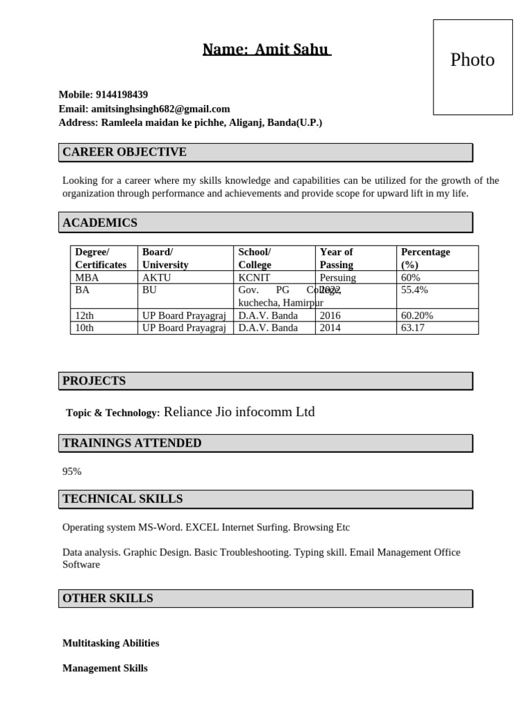 Amit Sahu Resume Format (MBA) | PDF | Cognition