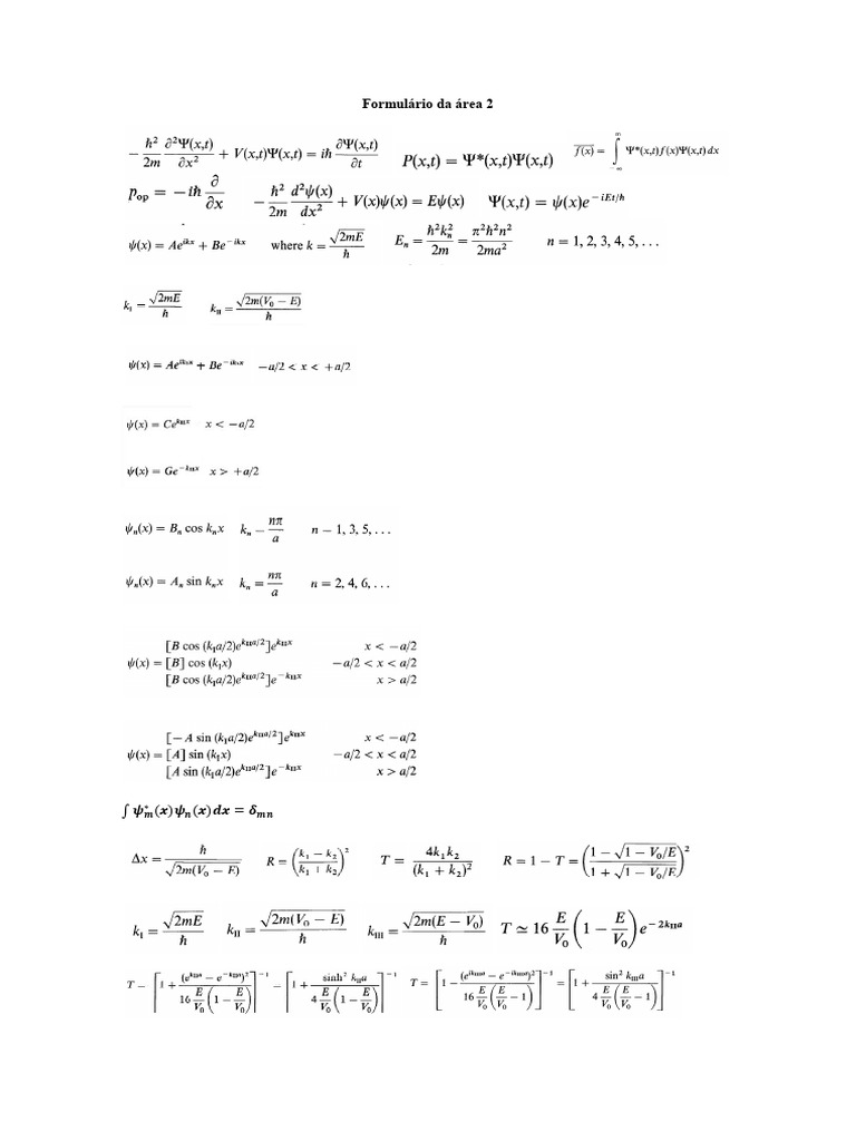 Fórmulas - Introdução A Física Quantica - Área 2 | PDF