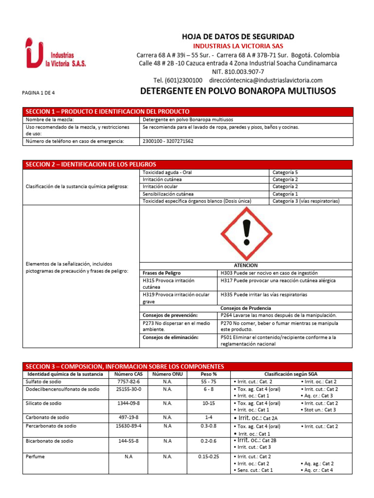 Detergente en Polvo Bonaropa Multiusos | PDF | Agua | Toxicología