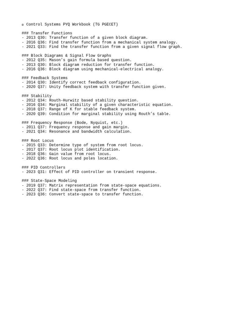 Control Systems PYQ Workbook | PDF