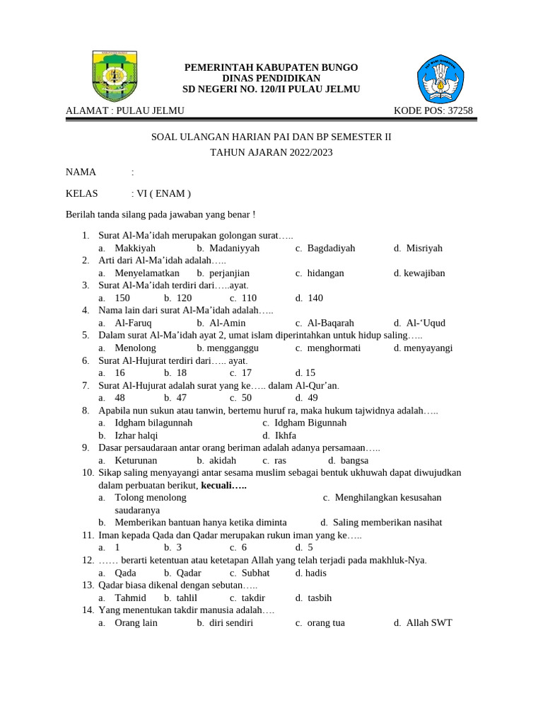 Soal Ulangan Harian Kelas 6 | PDF