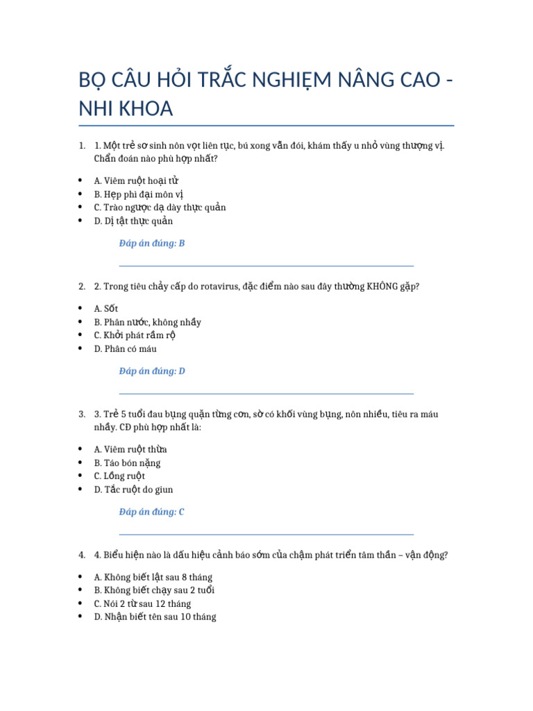 Ngan Hang Cau Hoi Trac Nghiem Nhi Khoa Nang Cao 100 | PDF