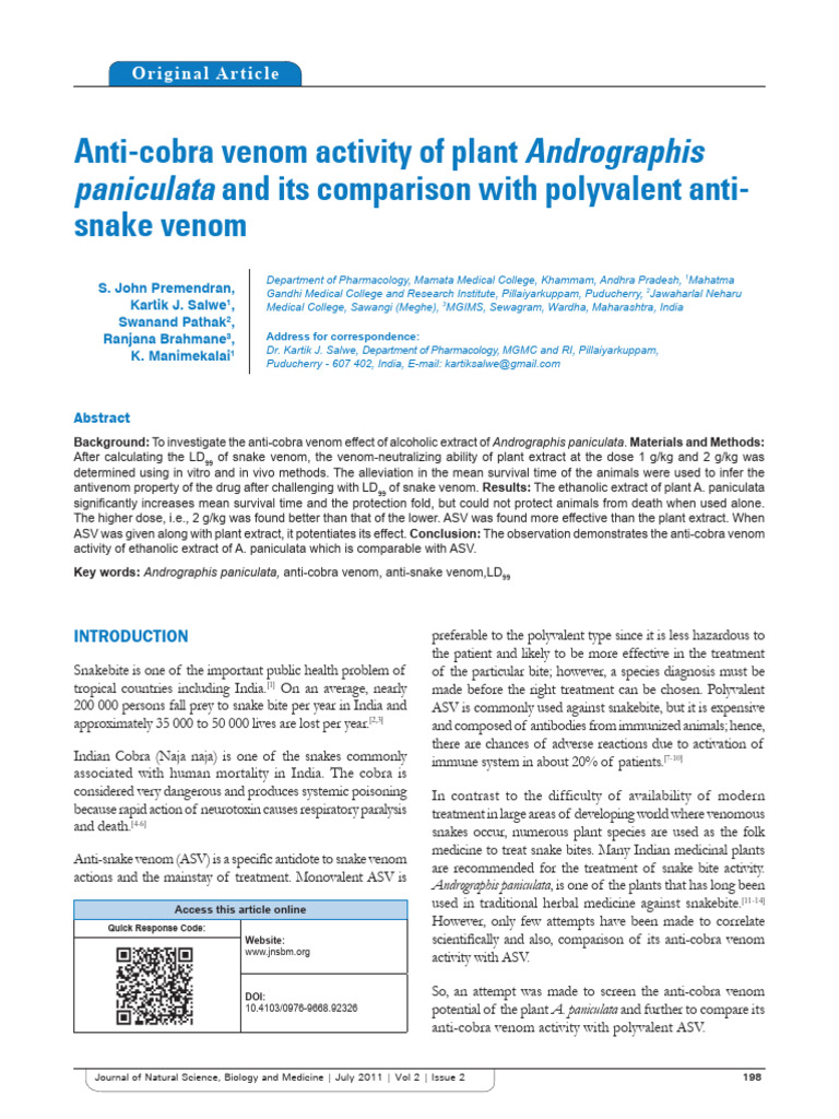 3 Anti-Cobra Venom Activity of Plant Andrographis | PDF | Venomous ...