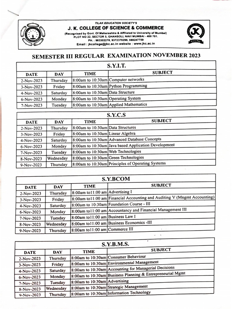 Sem III Regular Exam Timetable | PDF