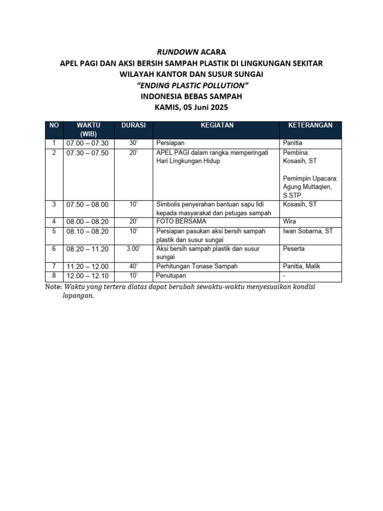 Rundown Acara Apel Dan Aksi Bersih Sampah & Sungai 2025 | PDF