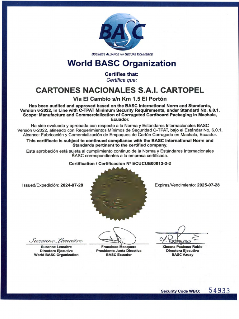 Certificado BASC 2025 Machala | PDF