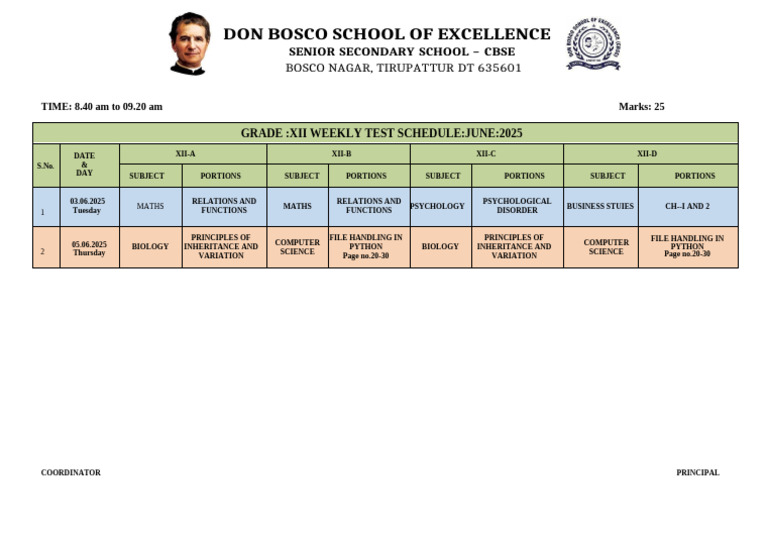Weekly Test Schedule 12 - June 2025 | PDF